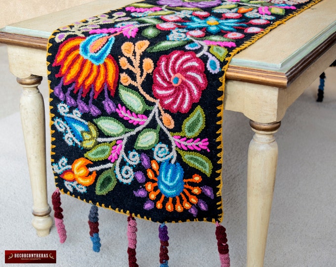 Embroidered Floral Black Table Runner 100% Wool magical Paradise Table ...