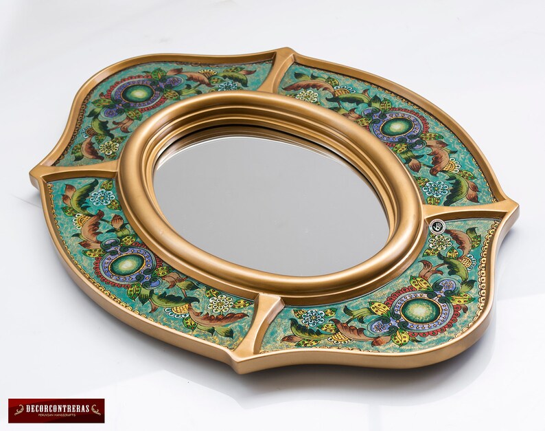 Turquoise Oval Wall Mirror With Gold Color Wood Frame | Etsy