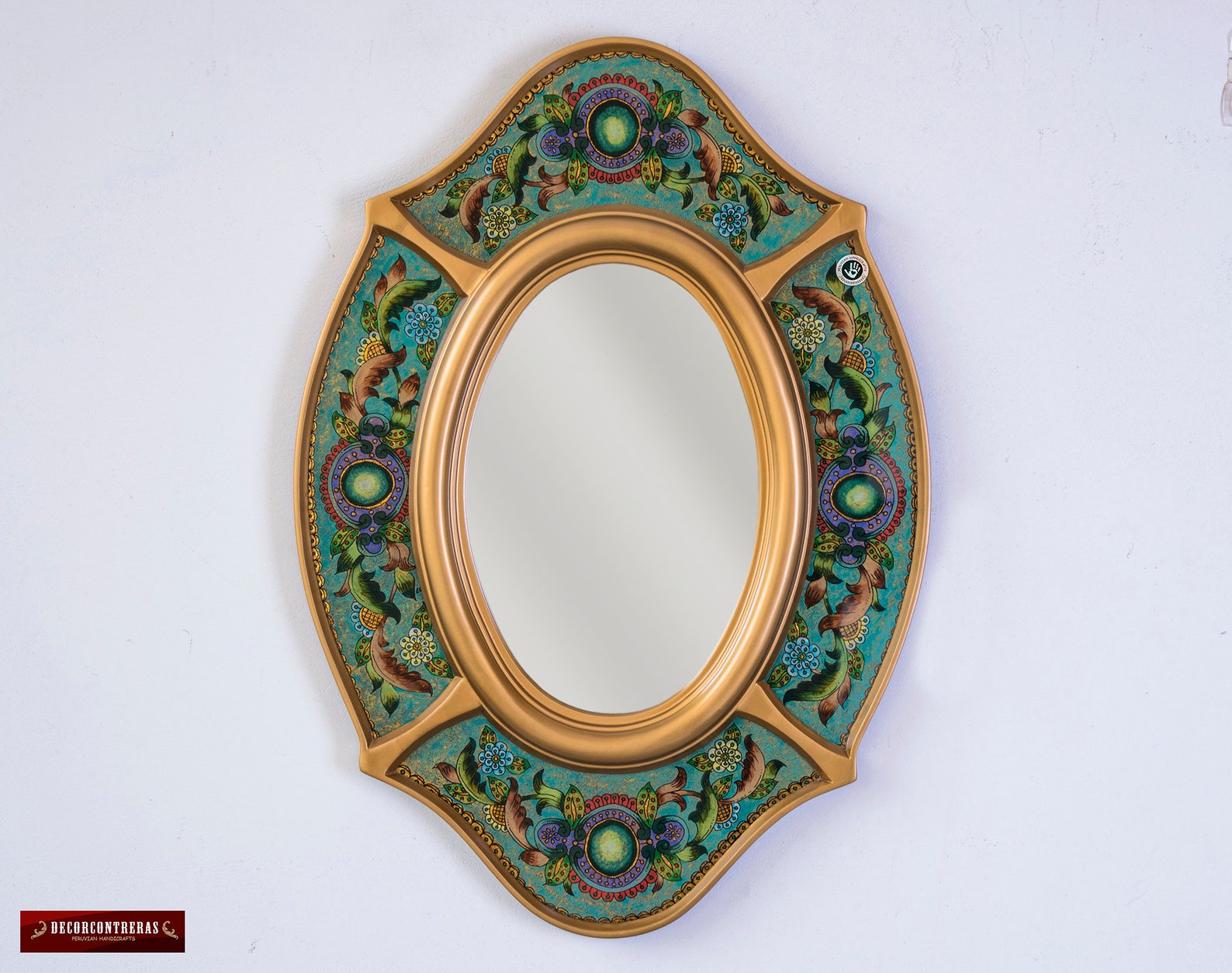 Turquoise Oval Wall Mirror With Gold Color Wood Frame - Etsy