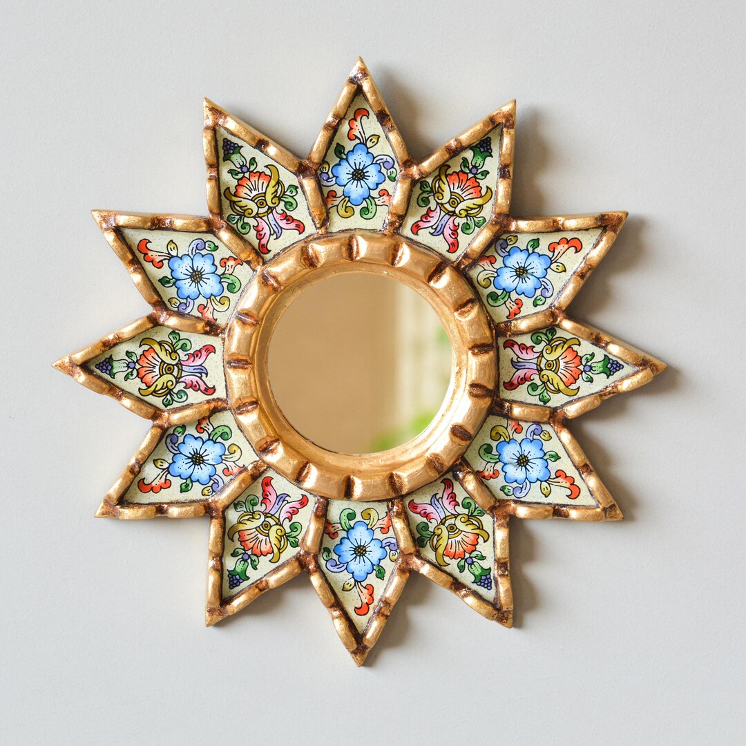 Small Gold Round Mirror 9.8" – Handmade Painted Glass Accent Wall ...
