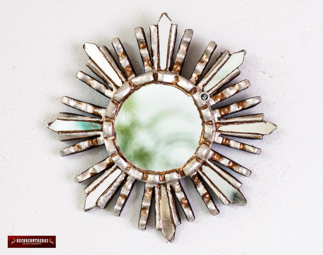 Small Silver Sunburst Mirror for Wall Decor, Peruvian Hand-carved Wood ...