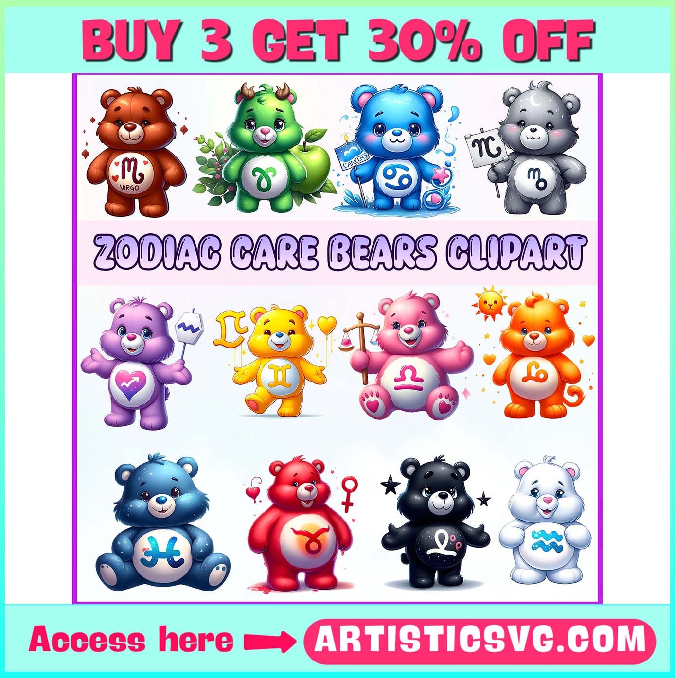 Zodiac Care Bears Clipart PNG Care Bears Digital Graphic Image Colorful ...