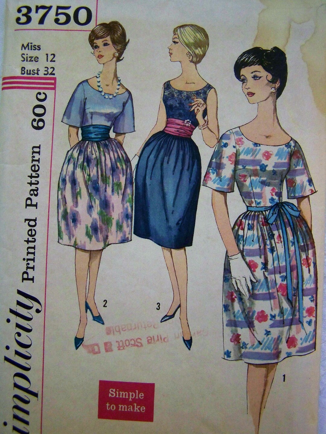 VINTAGE 1960s Simplicity 3750 DRESS & CUMMERBUND Pattern Sz 12 Complete ...