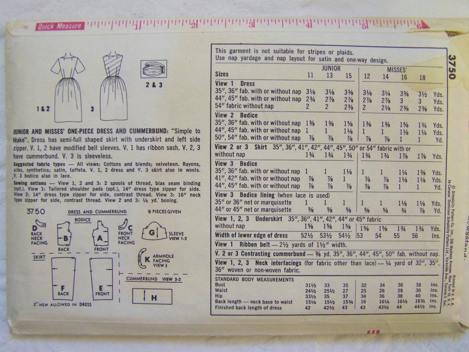 VINTAGE 1960s Simplicity 3750 DRESS & CUMMERBUND Pattern Sz 12 Complete ...