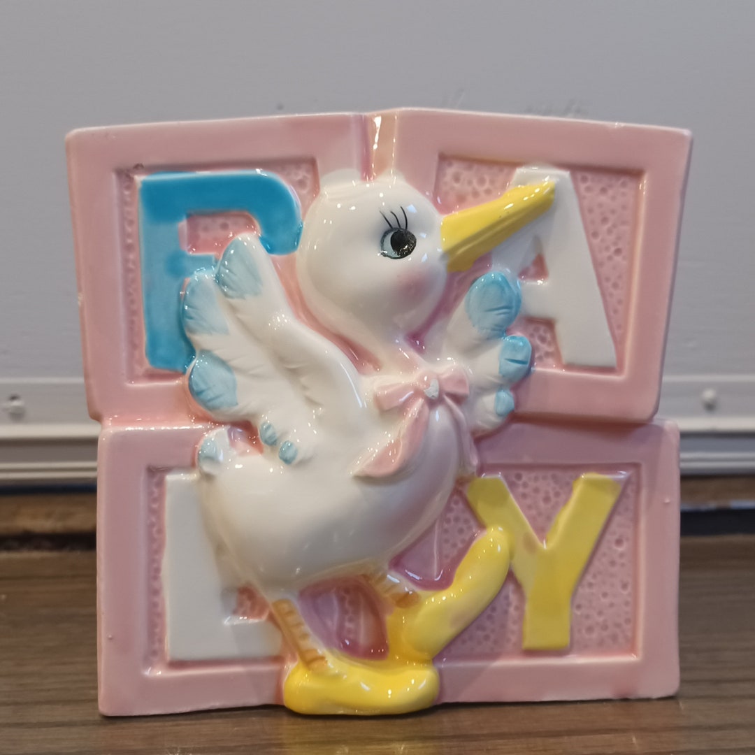 Vintage Pink Baby Blocks and Stork Nursery Planter - Etsy