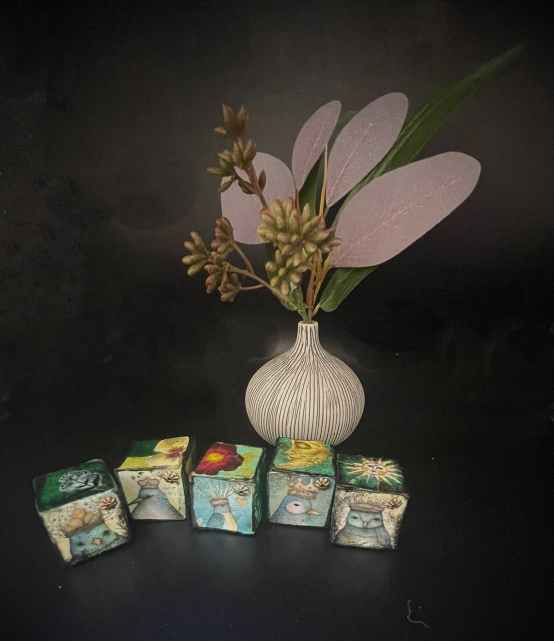 Set of Original Collage Cubes Handmade From Wood Blocks, Drawings of ...