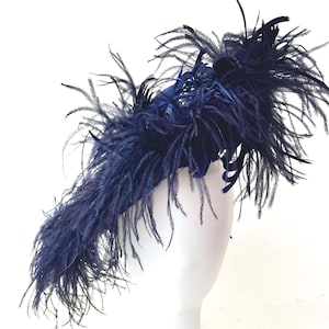 Navy Fascinator Hat, Blue Wedding Fascinate Hat, Navy Blue Feather Hat ...