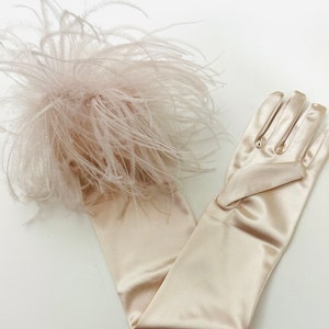 Champagne Opéra Gloves With Ostrich Feather Elbow Cuffs, Wedding Gloves ...