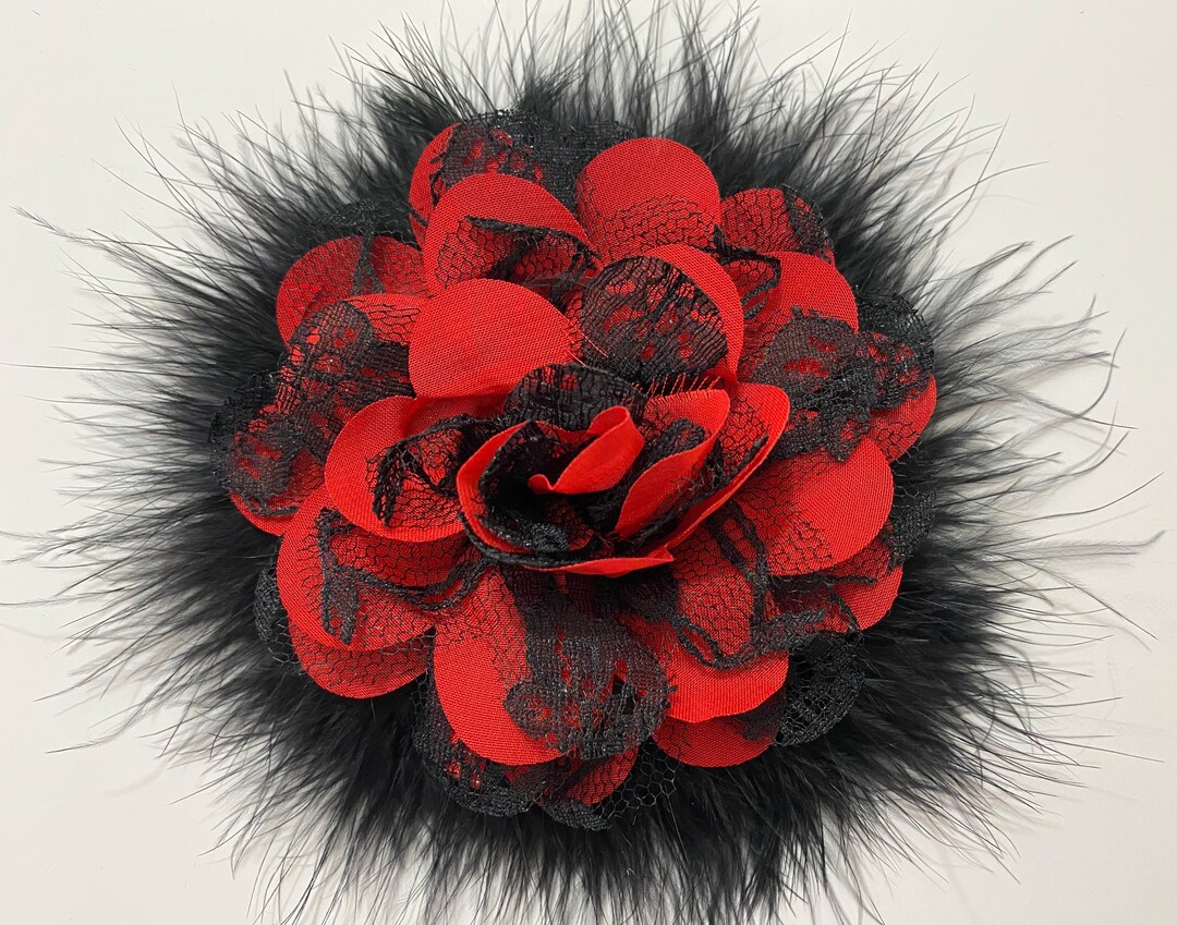 Red Black Feather Hair Clip, Red Black Lace Clip, Dance Costume Hair ...