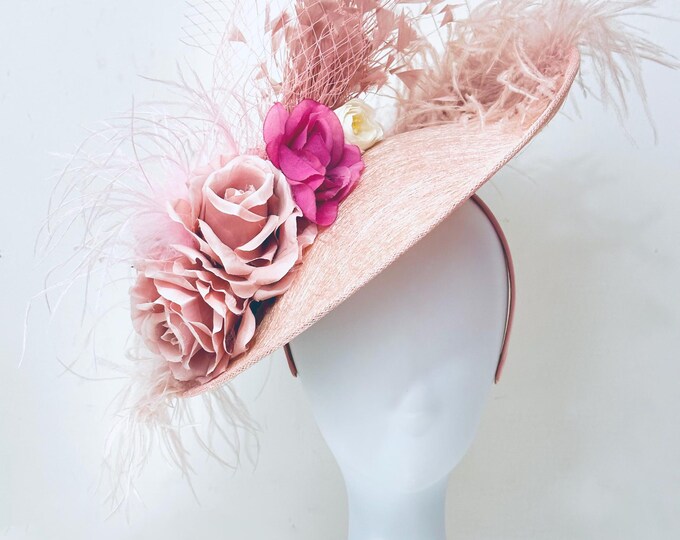 Blush Pink Beige Big Kentucky Derby Hat Fascinator, Dusty Rose Feather ...