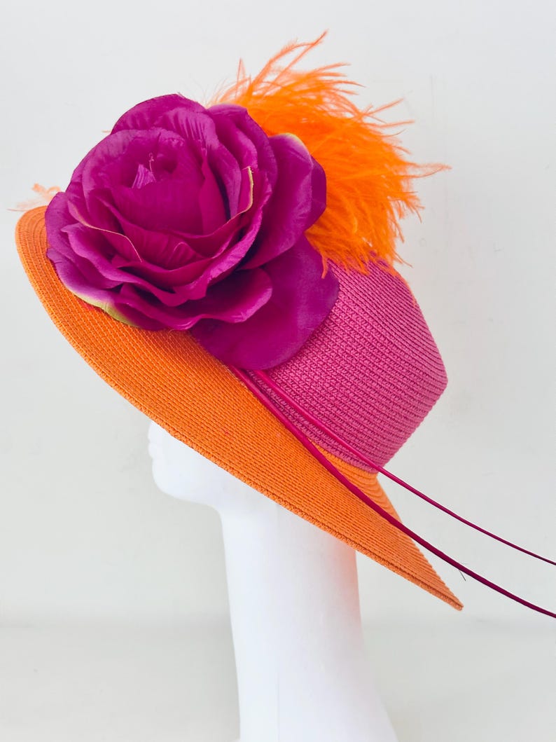 Orange Derby Hat: Pink Flower Feather, Tropical Beach Wedding - Etsy