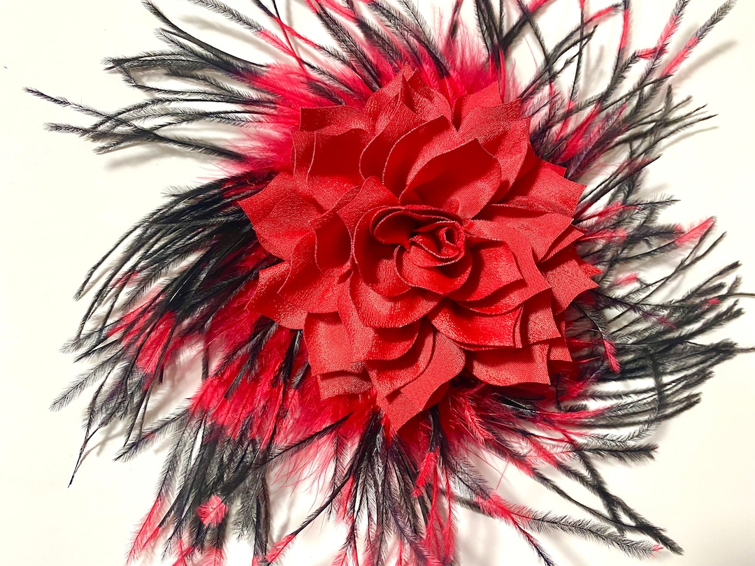 Red Black Ostrich Feather Fascinator, Black Red Flower Feather ...