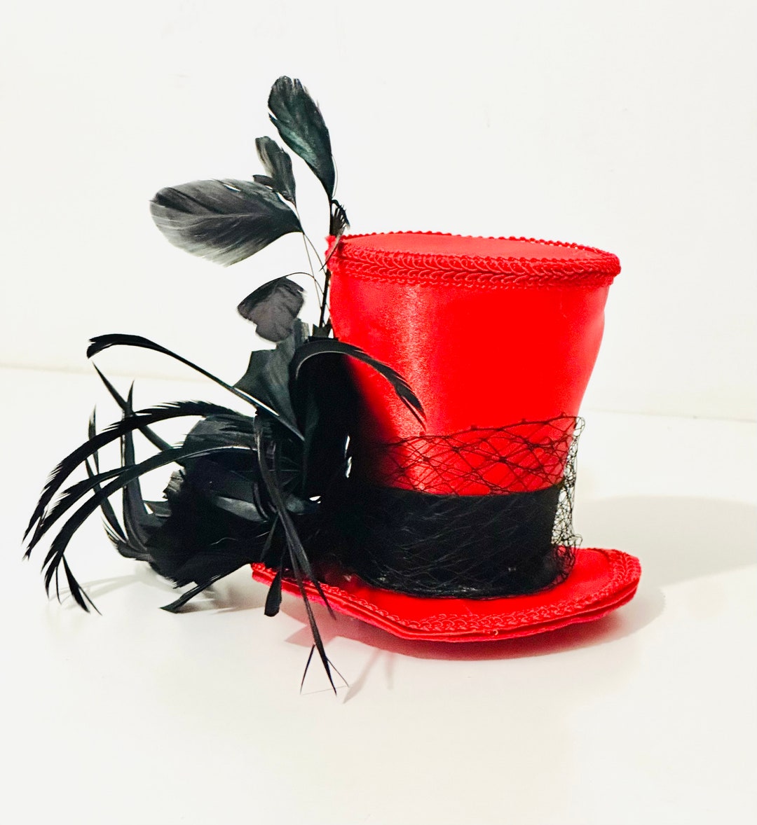 Red Black Top Hat Fascinator Clip or Headband, Red Top Hat Fascinator ...