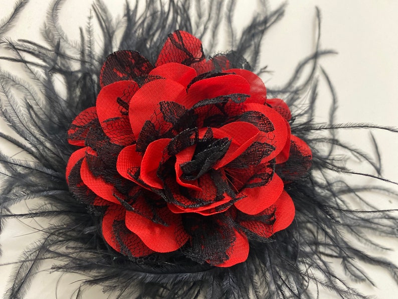 Red Black Lace Fascinator Clip Red Black Feather Dance Costume Feather ...