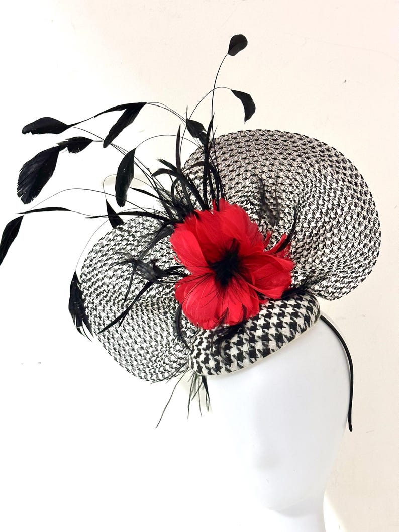 Black White Red Kentucky Derby Fascinator Hat: Red Feather Rose Black ...