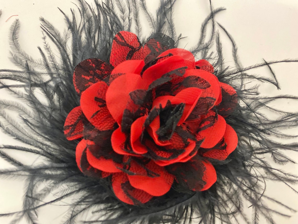 Red Black Lace Fascinator Clip Red Black Feather Dance Costume Feather ...