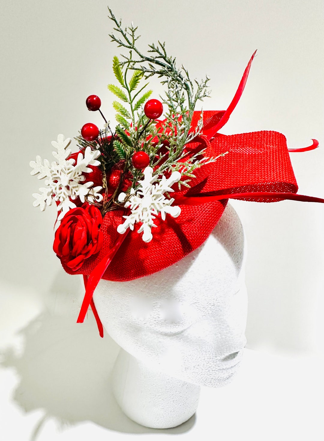Christmas Fascinator Hat Christmas Headband, Red Christmas Holly ...