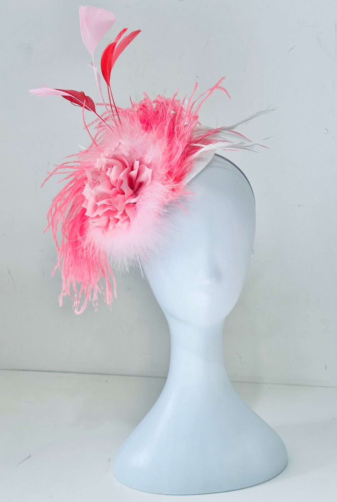 Pink Coral White Derby Fascinate Hat, Bright Pink Coral Derby Hat ...