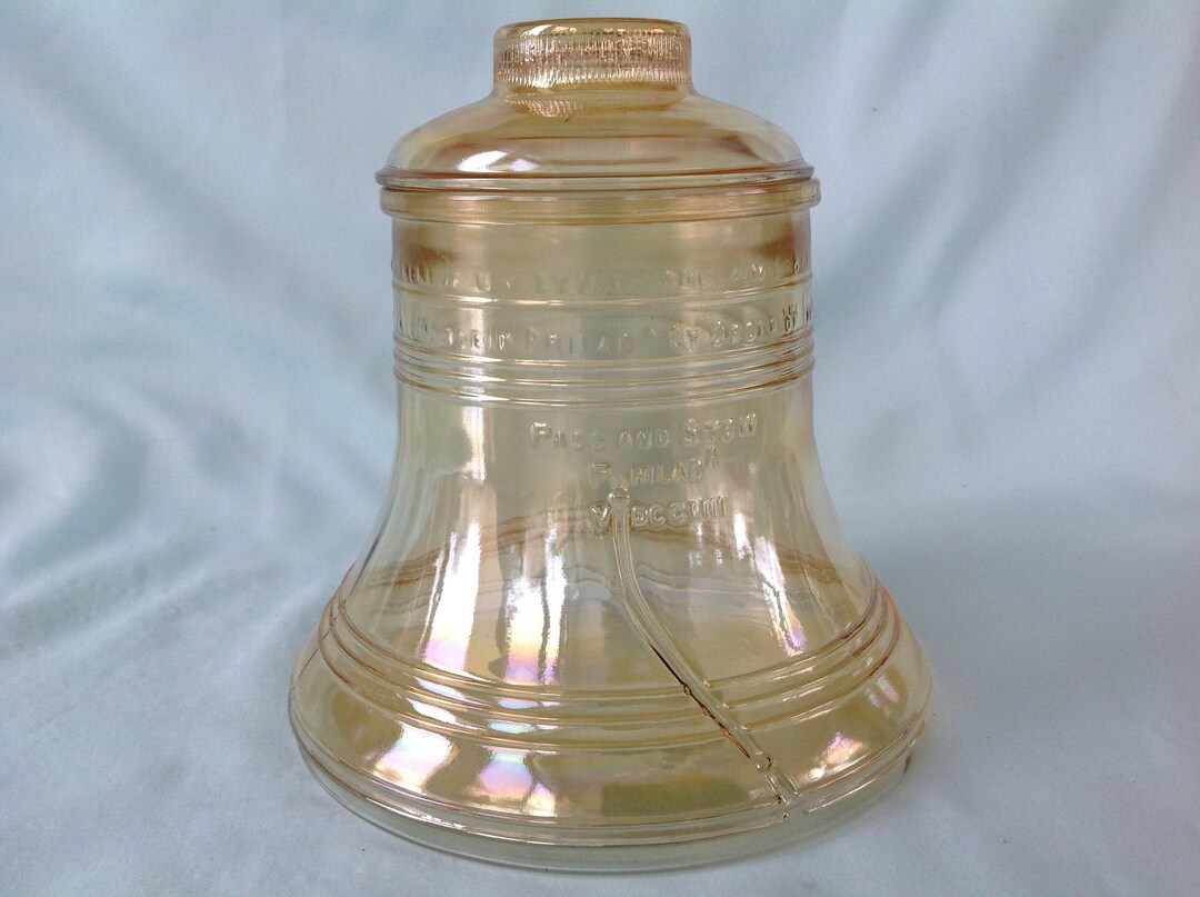 Liberty Bell Cookie Jar Indiana Glass Iridescent Light Amber Glass Bell ...