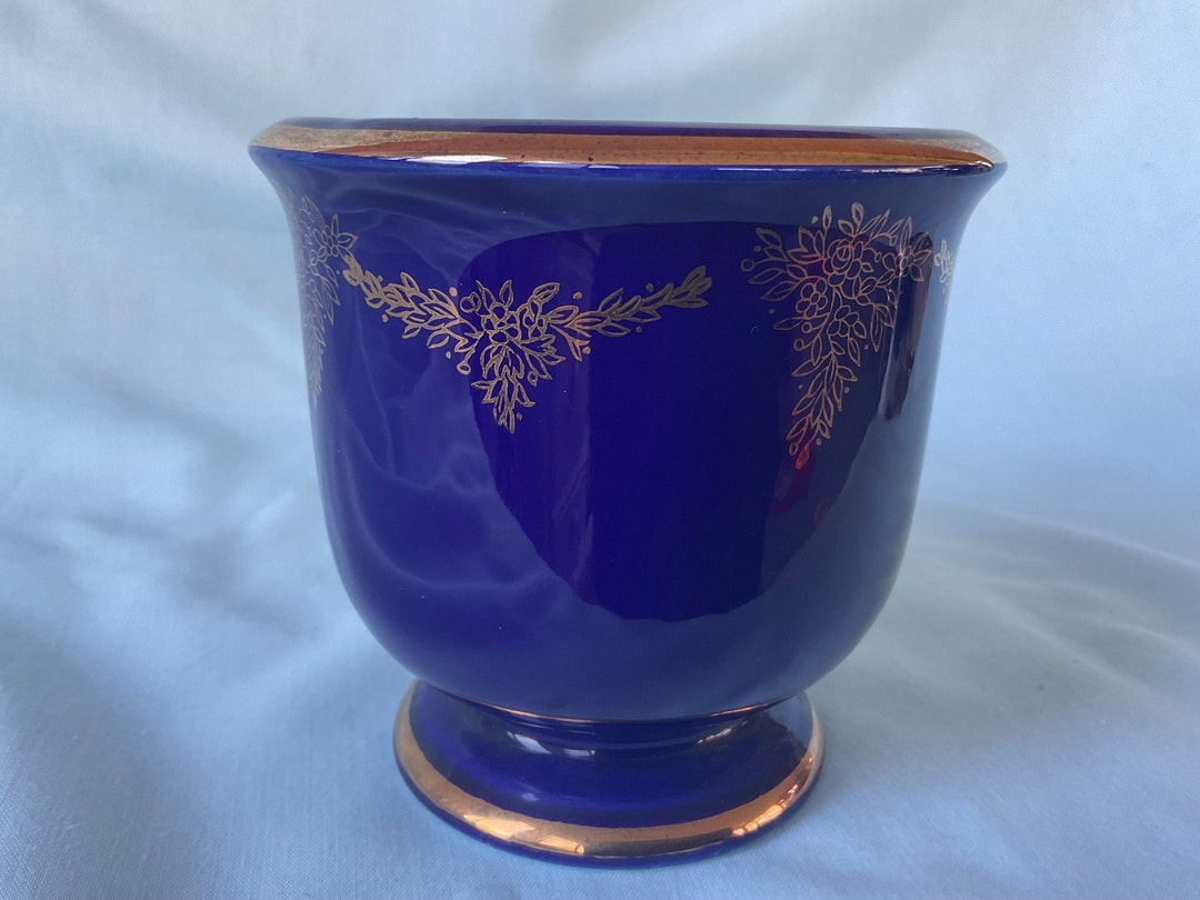 Cobalt Blue Planter Cobalt and Gold Trim Flower Pot Enesco Imports - Etsy