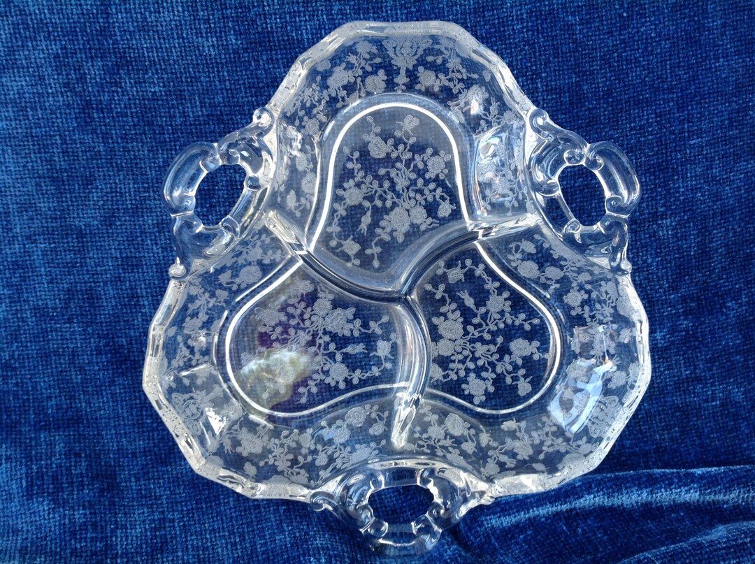 Fostoria Cambridge Rose. 3 Part Relish Dish Etched Crystal Relish Bowl ...