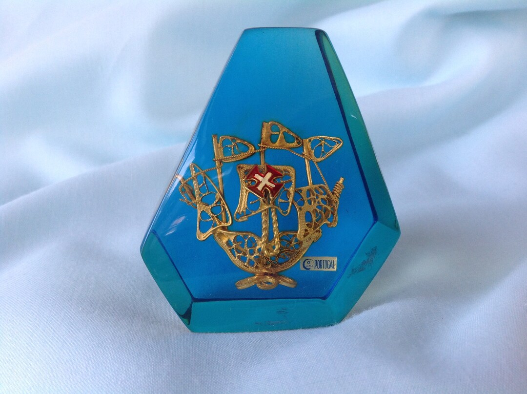 Gold Sailing Ship Lucite Paperweight Portugal Gold Ship Blue Lucite ...