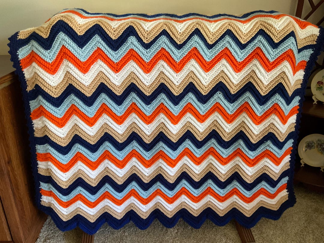 Blue and Orange Afghan Hand Crocheted Chevron Blue Afghan 52" X 36" - Etsy