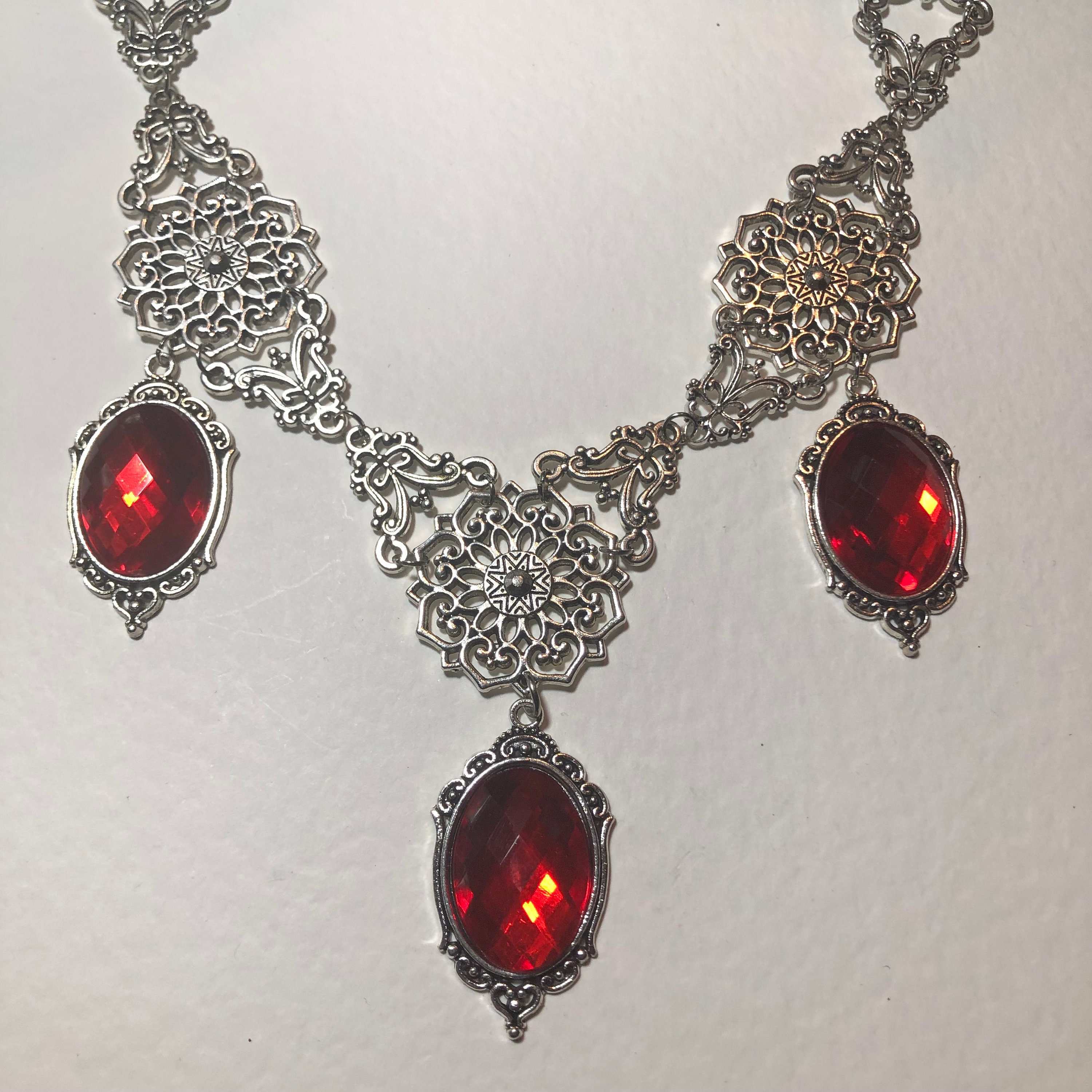 TRIPLE GRAND Filigree VICTORIAN Style Red Acrylic Silver Plated Large ...