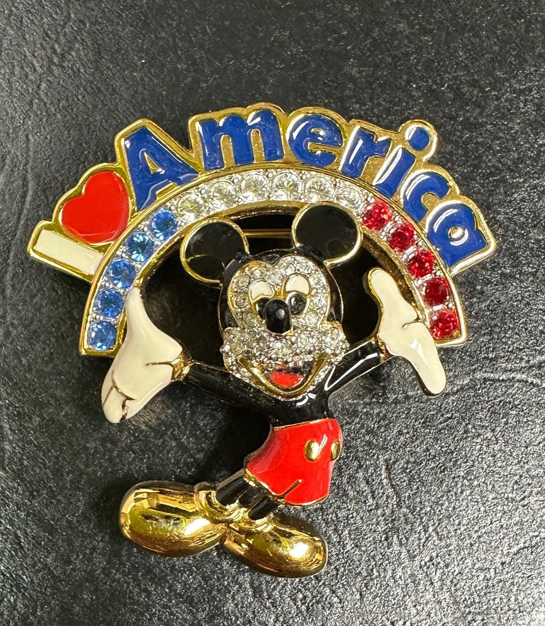 DISNEY Mickey Mouse Patriotic USA I Love America Swarovski Pin Brooch ...