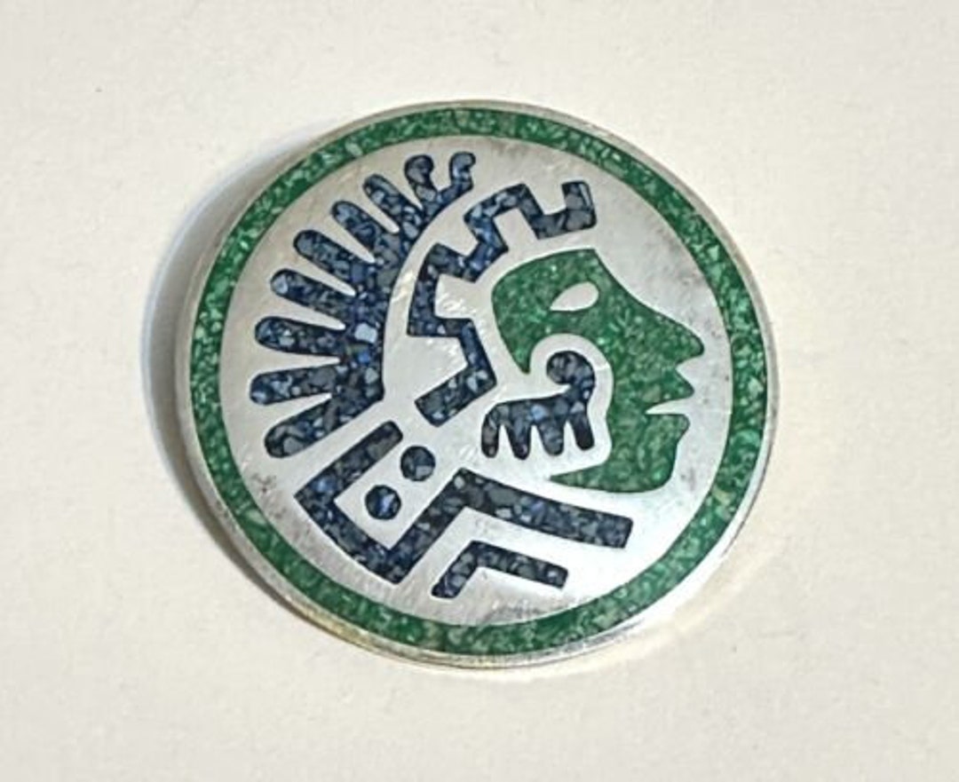 Vintage POM Taxco Sterling Silver Inlaid Gemstone Aztec Pin Pendant - Etsy