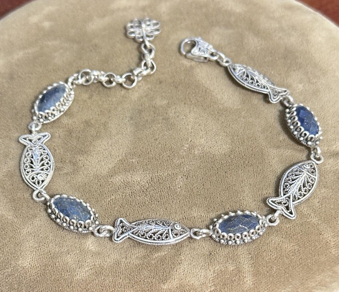 DGS Sterling Silver Filigree Fish Lapis Link Bracelet - Etsy