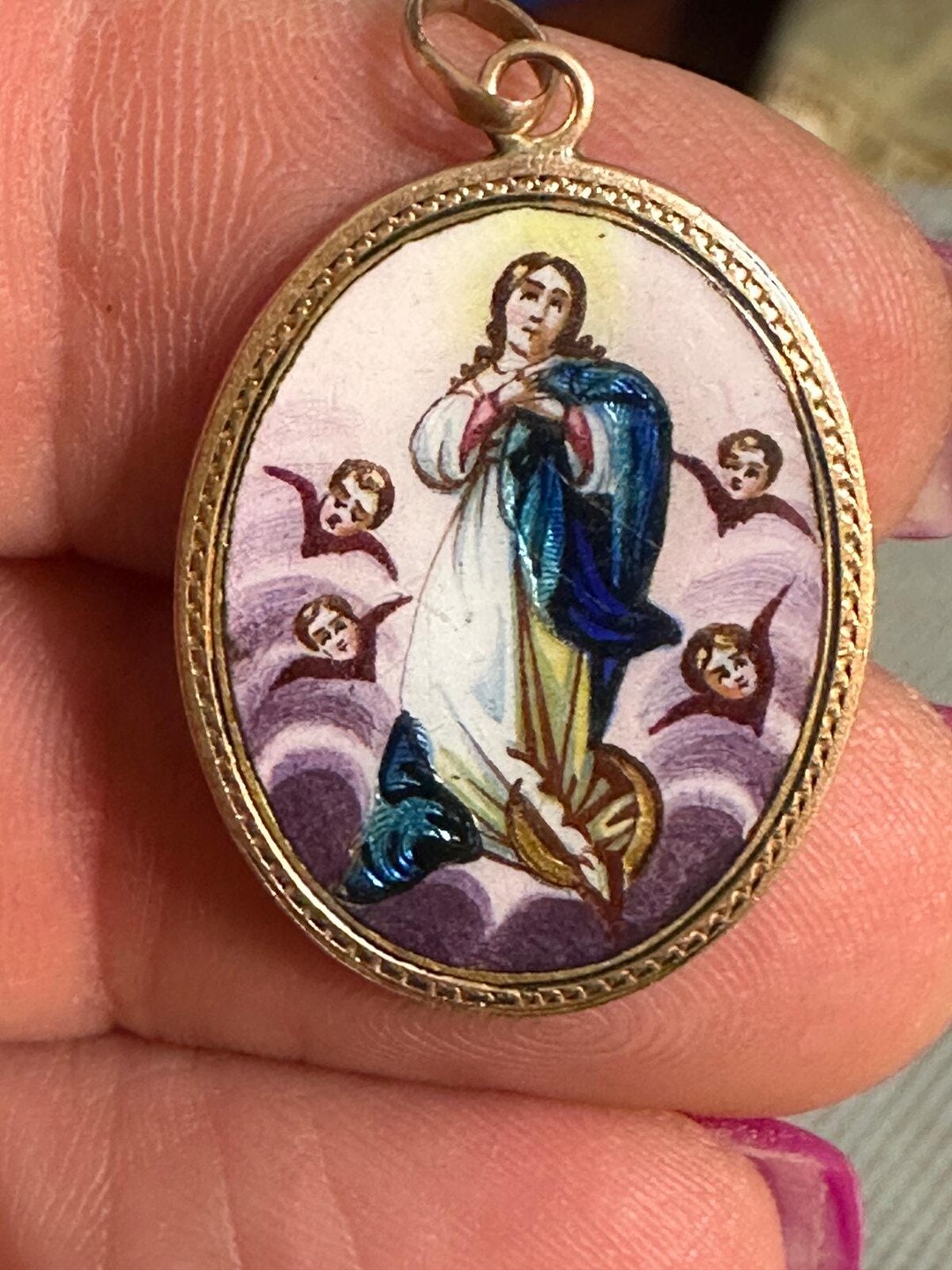 Vintage 14k Gold Enamel Virgin Mary Santa Maria Pendant - Etsy