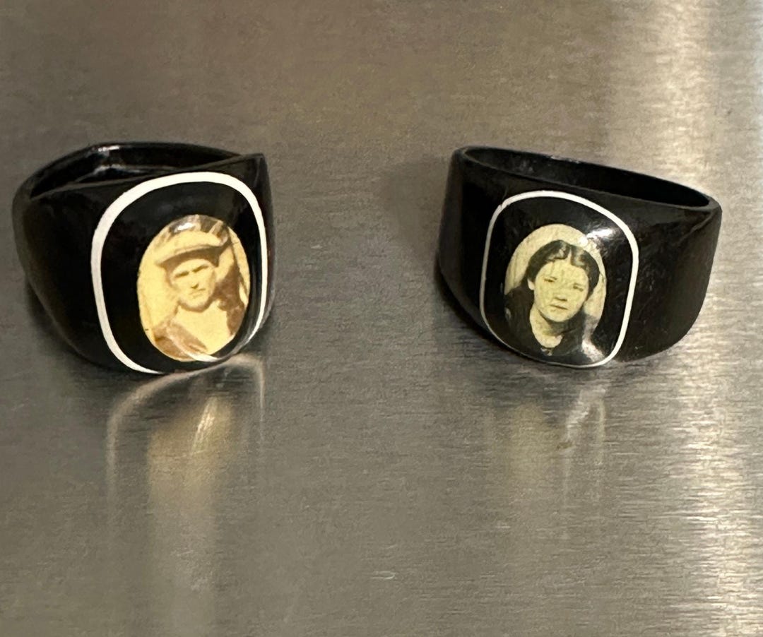 Pair Vintage 1940s Prison Mourning Photo Portrait Rings Male & Female ...