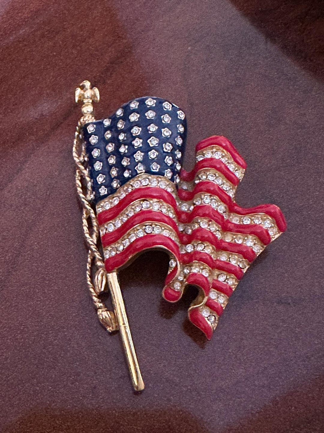 Trifari American Flag Brooch Rippling Red & Blue Enamel Clear Crystal ...