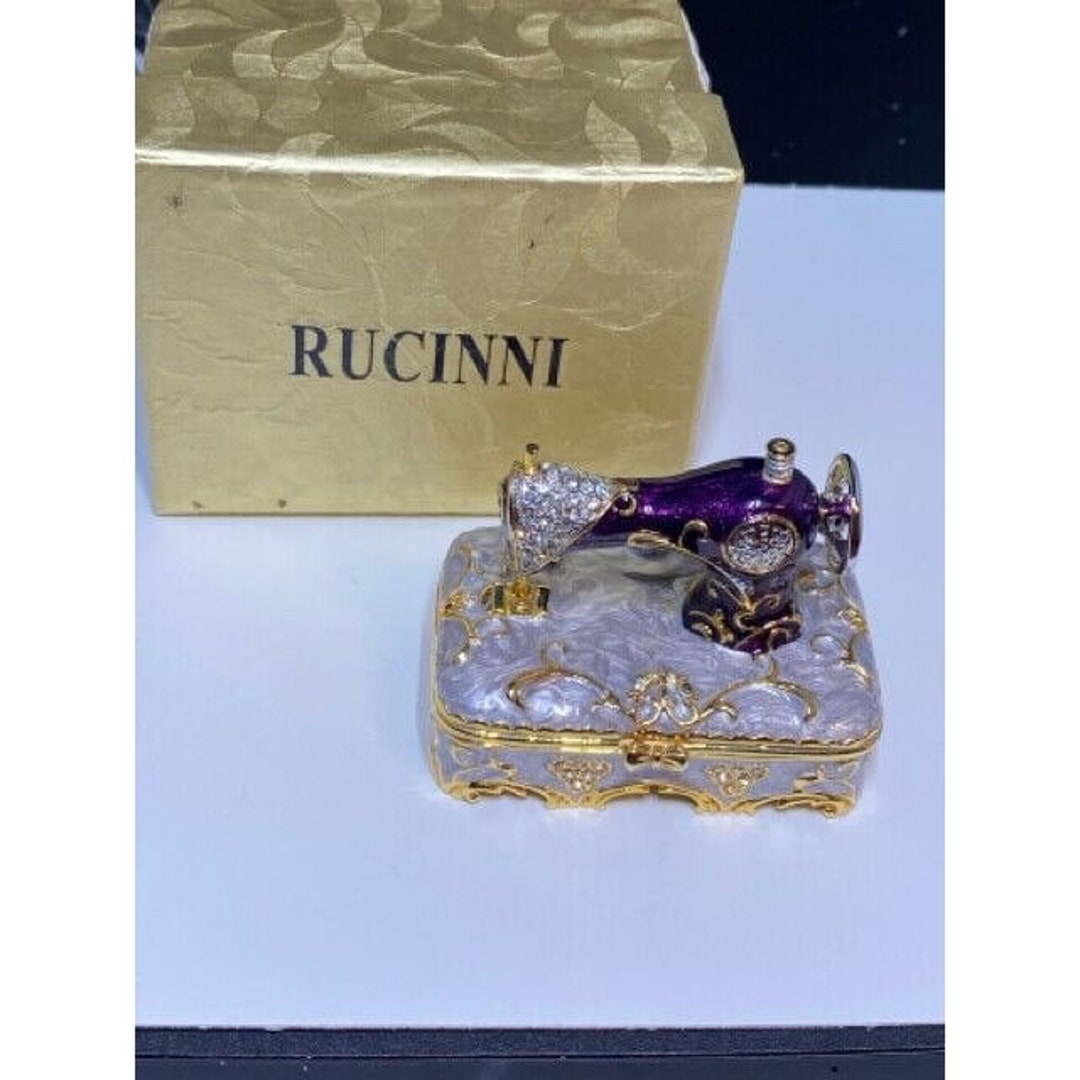 Rucinni Goldtone Enamel Rhinestone Sewing Machine Trinket Box - Etsy