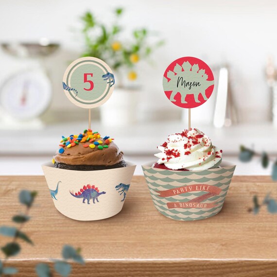 Dinosaur Cupcake Kit Printable | DIY Personalized Dinosaurs Birthday ...