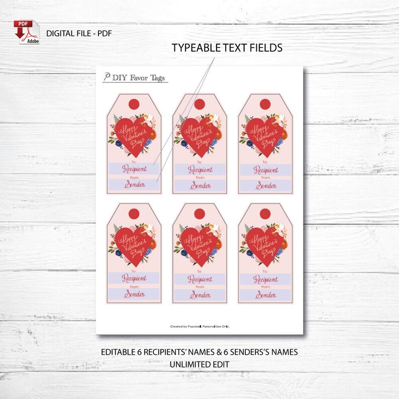 DIY Valentine's Day Favor Tags Printable | Digital PDF File | Editable ...