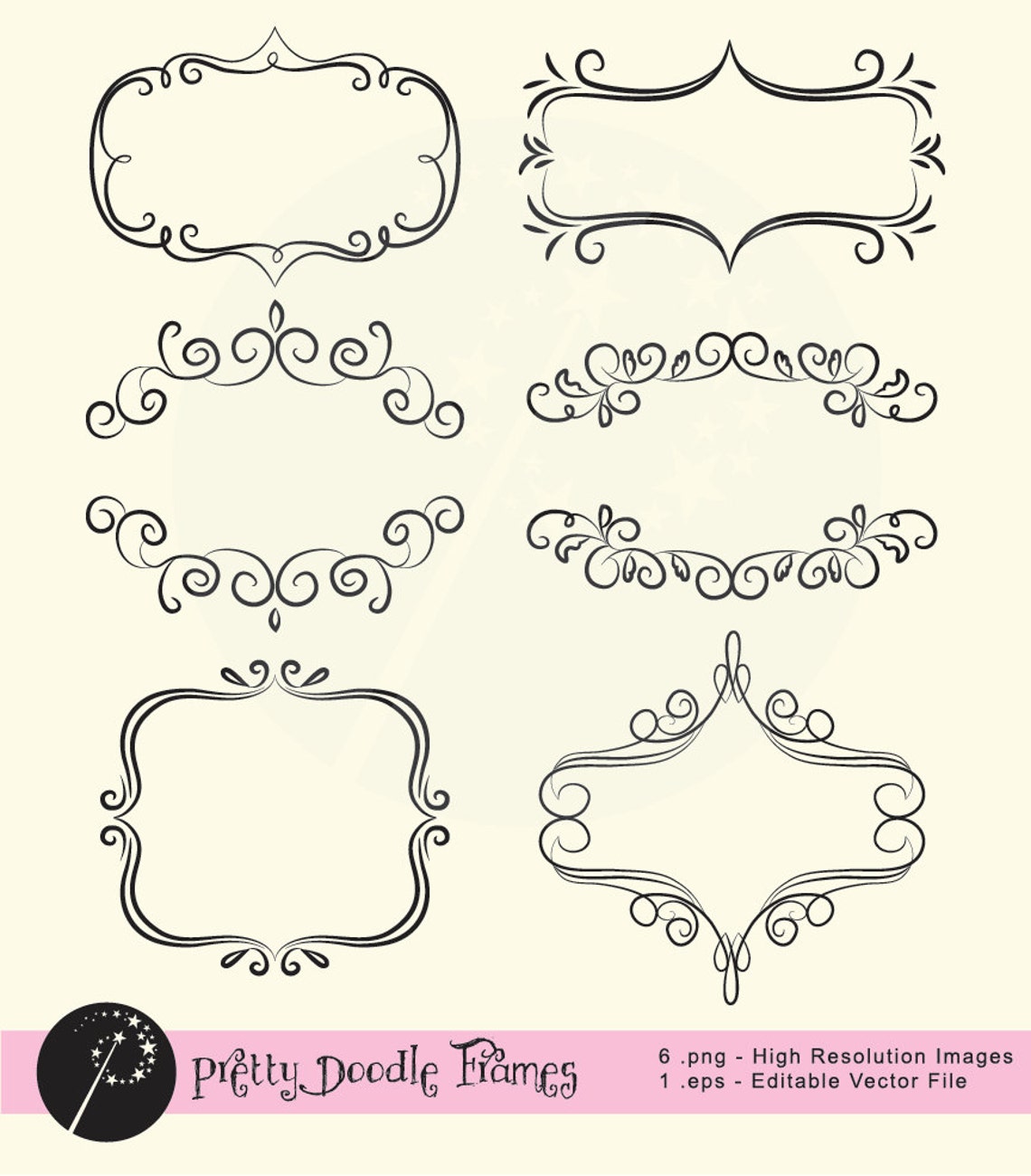 Pretty Doodle Frames Clipart. Feminine Swirl Clipart Hand Drawn Style ...