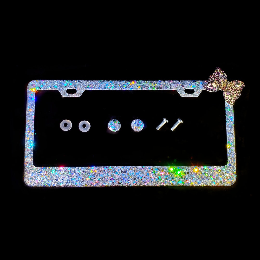 Handmade Silver Glitter License Plate Frame: Pink Leopard Bow, Diamond ...