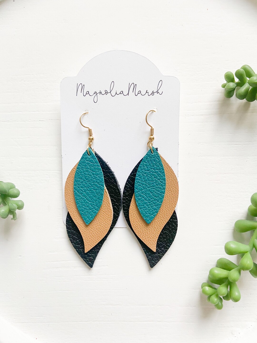 Coastal Carolina Earrings, Teal Gold & Black Earrings, Leather Earrings ...