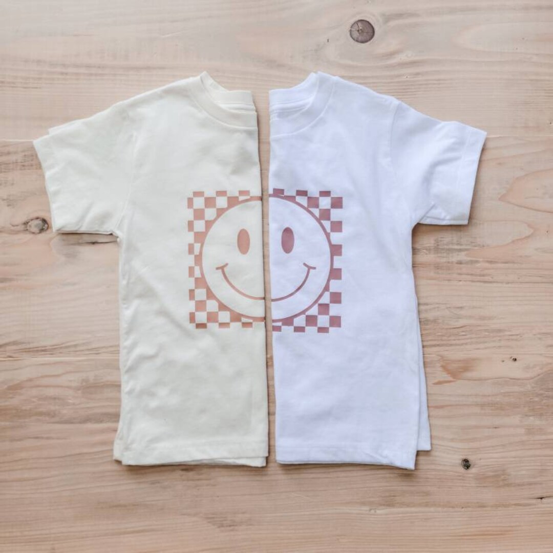 Smiley Face Checkered Tee. Neutral Colors - Etsy
