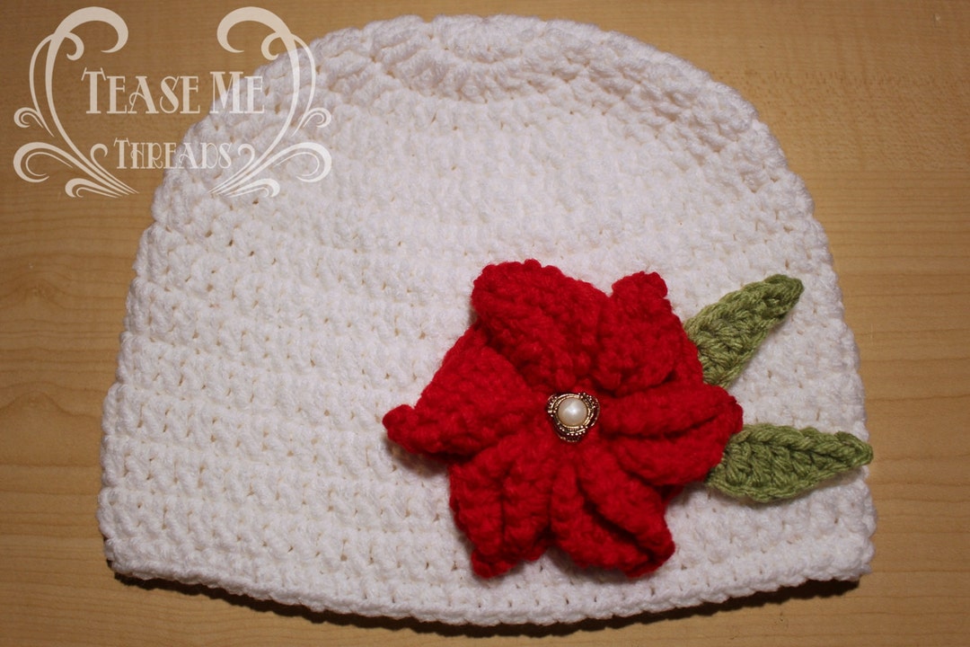 Christmas Poinsettia Crochet Hat_ Holidays Flower Crochet Beanie ...