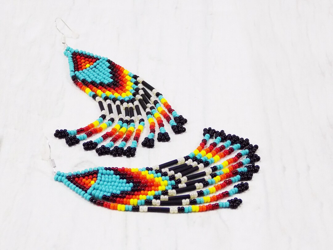 Native Beaded Earrings Inspired Turquoise and Black Tribal Fringe ...