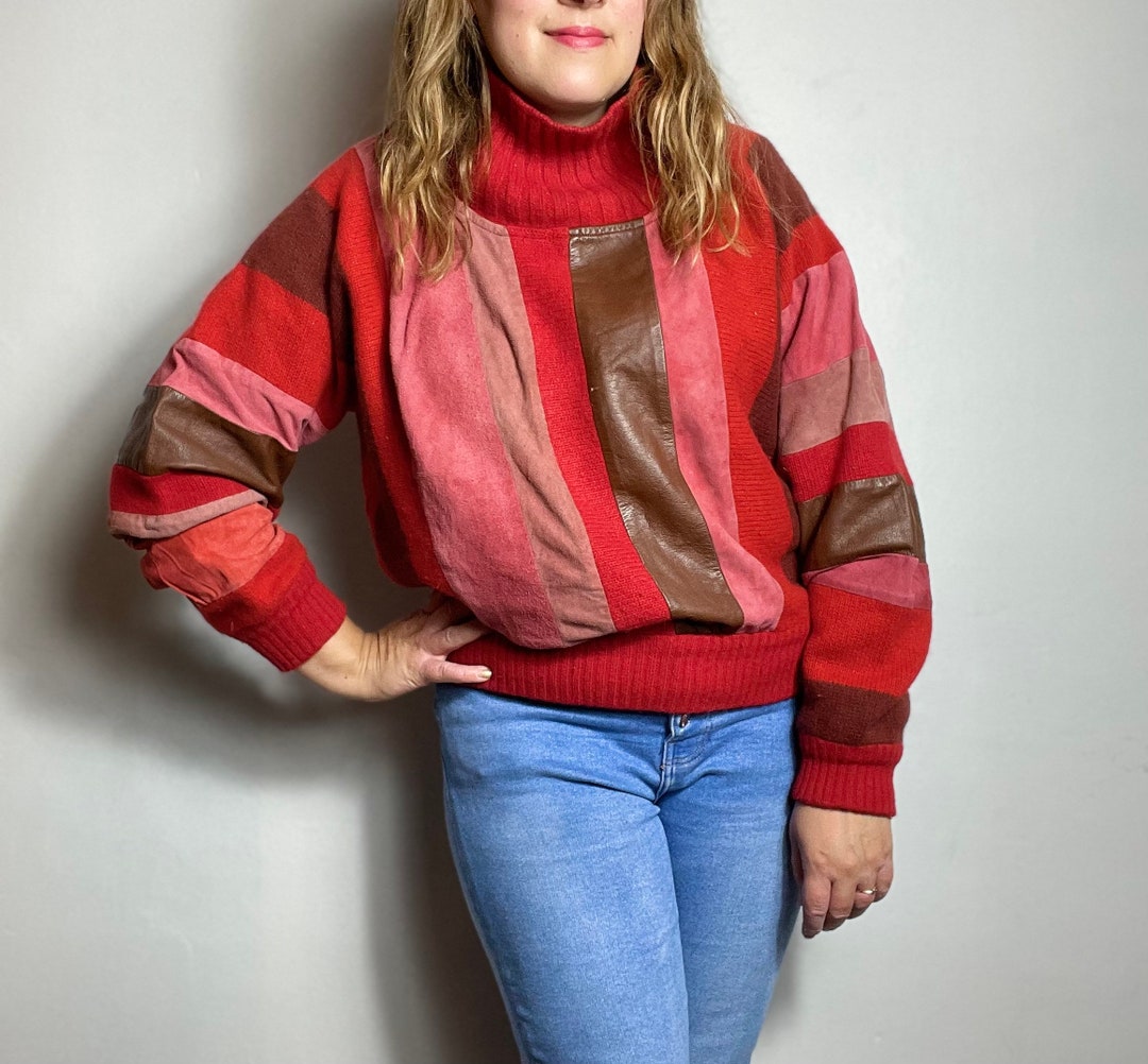 Vintage Ugly Jumper / Red Batwing Sweater / Wool and Leather Jumper - Etsy