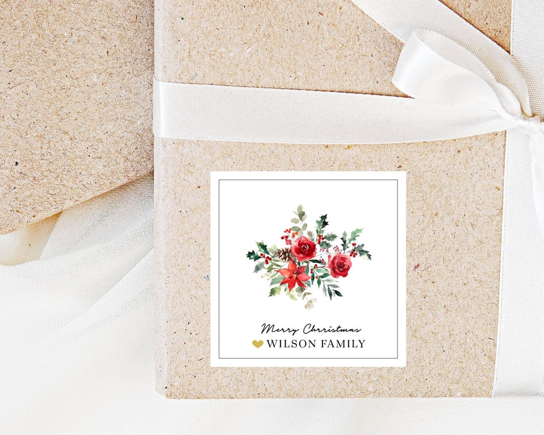 Personalized Watercolor Christmas Floral Calling Card Sticker, Family ...