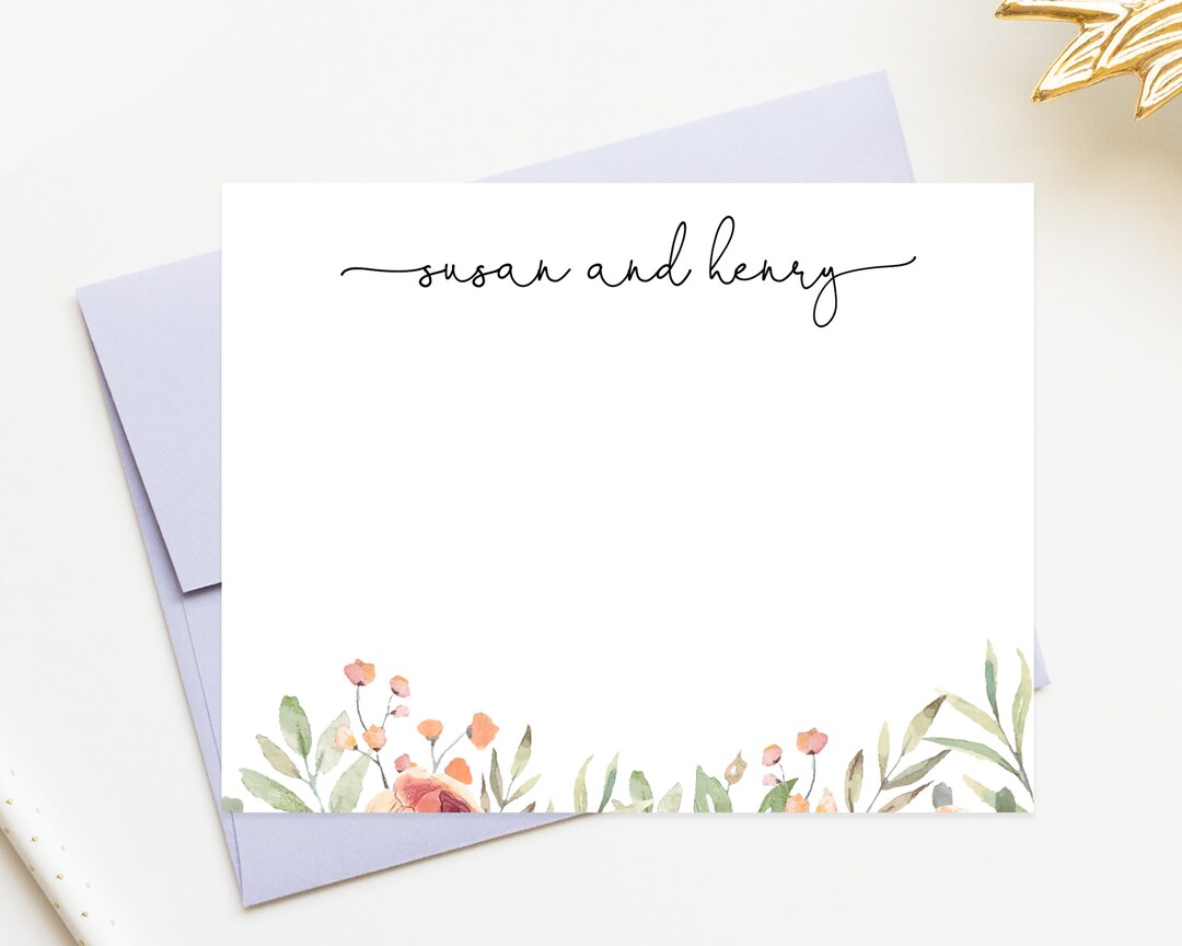 Personalized Script Stationery Cards Set With Florals, Classic ...