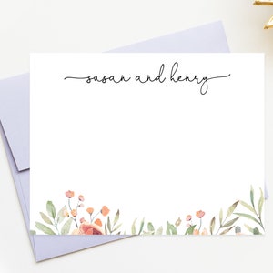 Personalized Script Stationery Cards Set With Florals, Classic Watercolor Flat Notecards for ...