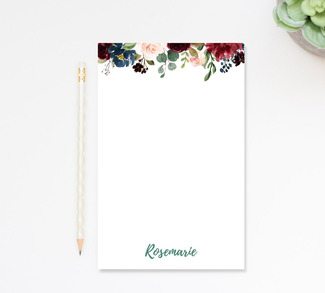 Personalized Burgundy Floral Notepad, Notepad With Flowers, Custom Gift ...