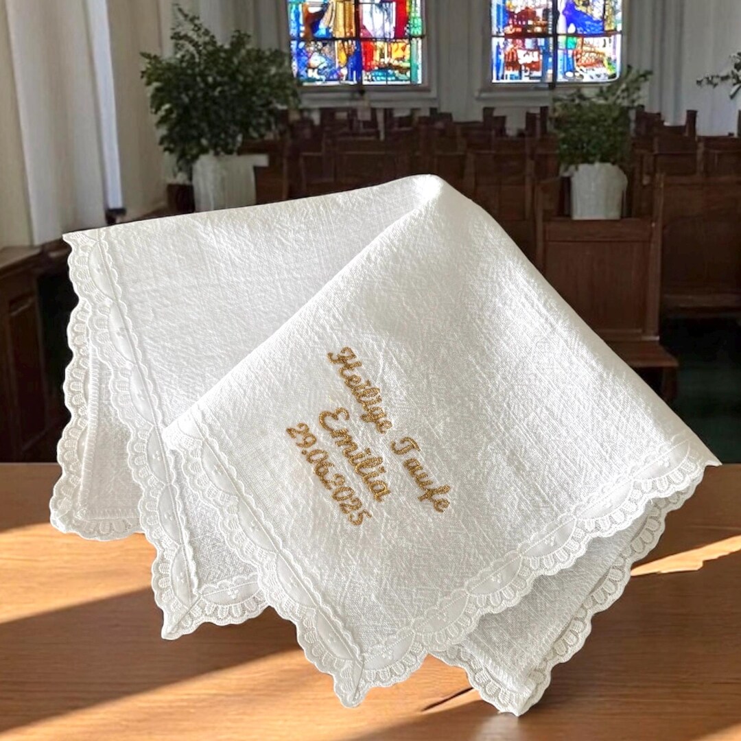 Linen Handkerchief for Baptism With Lace & Embroidery – Noble Baptism ...