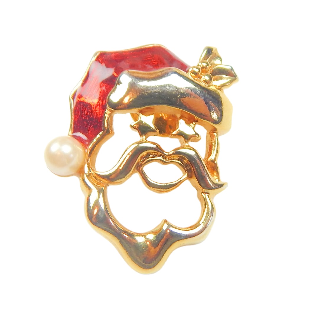 Santa Lapel Pin Open Work Santa Claus in Red Enamel on Gold Tone With ...